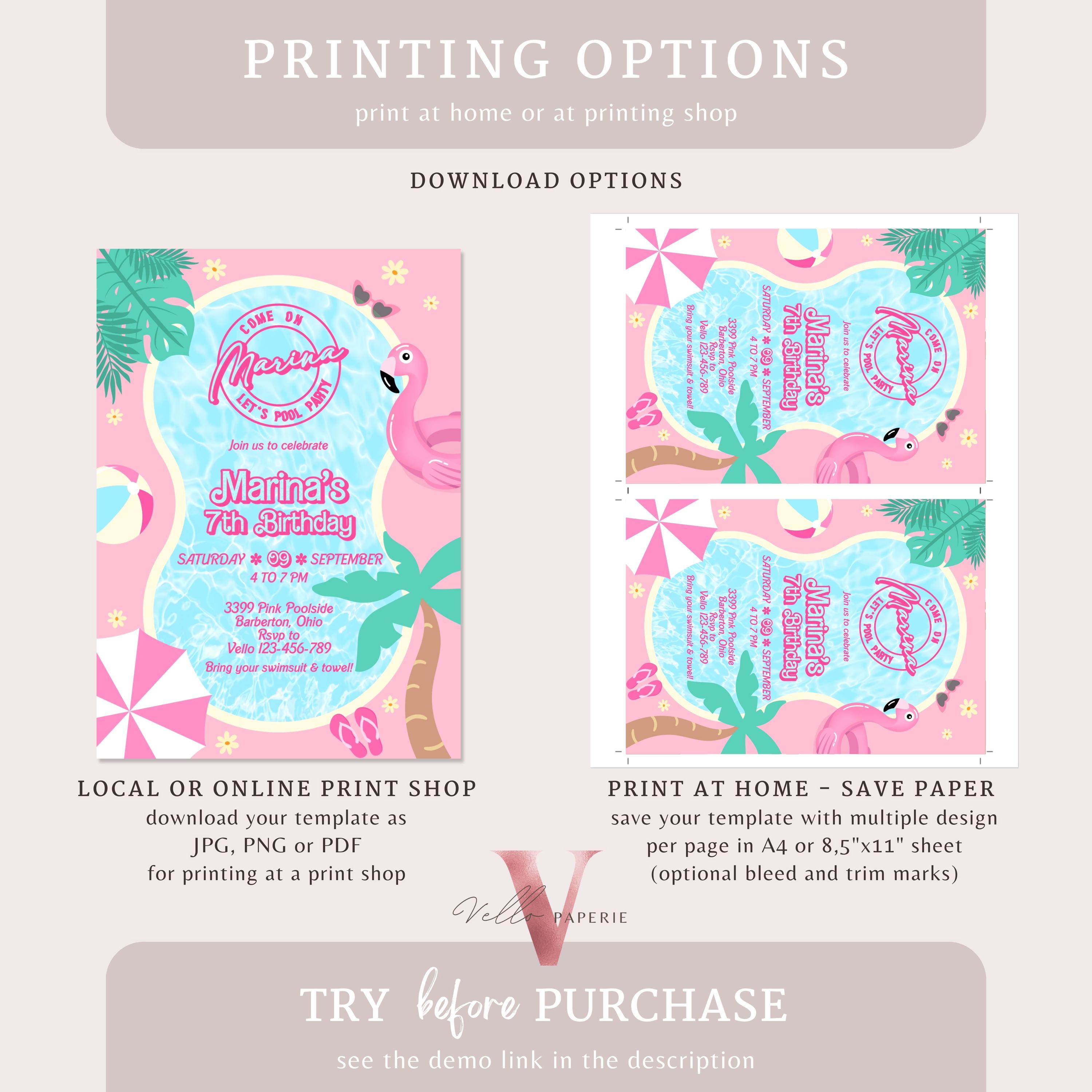 Pink Doll Pool Birthday Invitation Editable Yourseld Malibu Pool Party ...