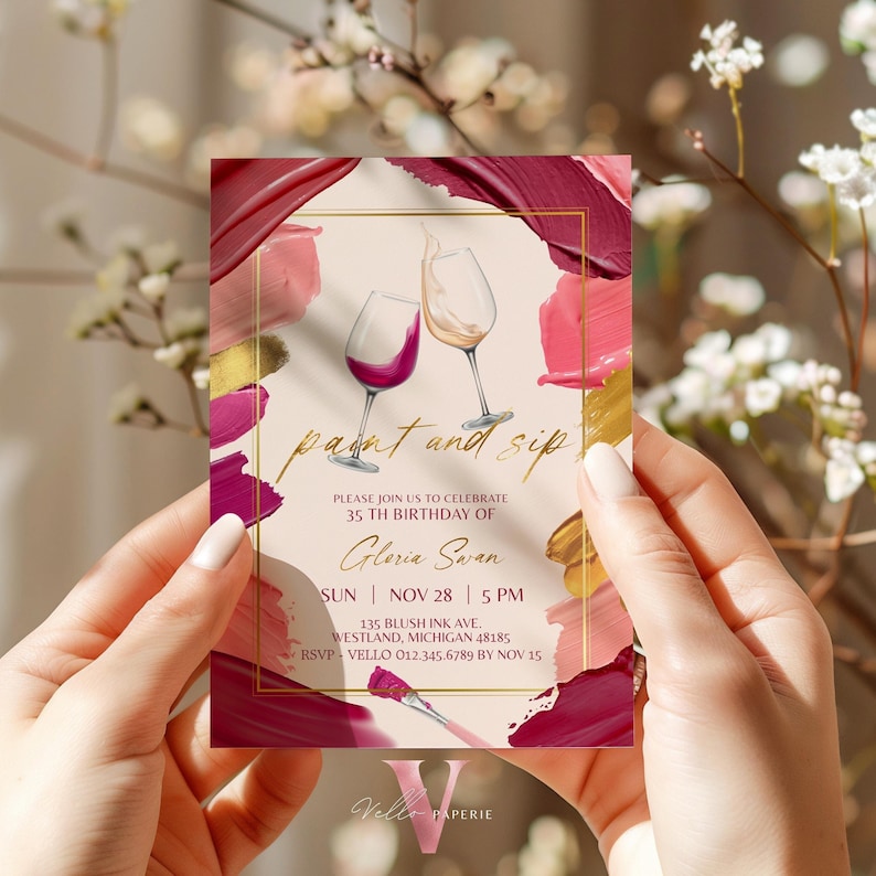 Burgundy Gold Paint and Sip Birthday Invitation | Editable Any Age 30th ...