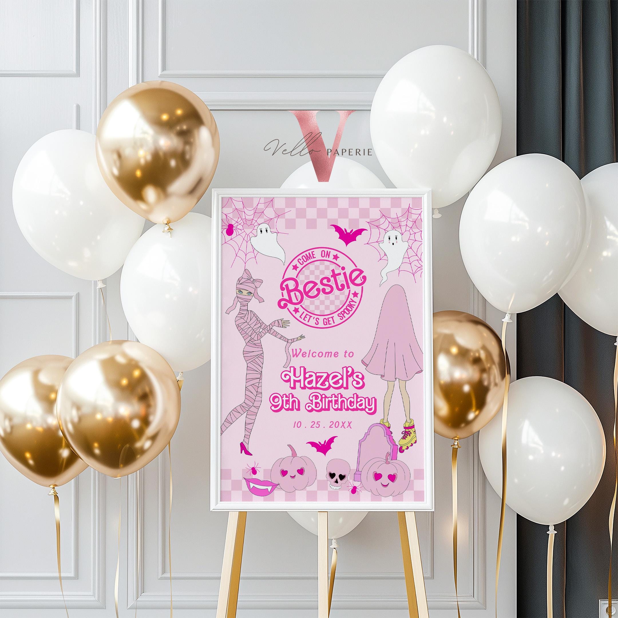 Editable bestie Spooky Pink Doll Halloween Birthday Welcome Sign Cute ...