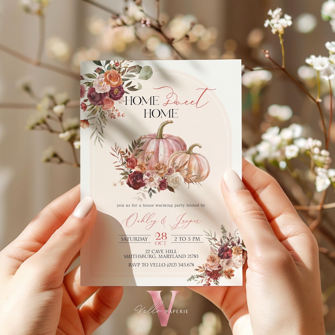Autumn Floral House Warming Invitation | FALL Boho Pumpkin Home Sweet ...