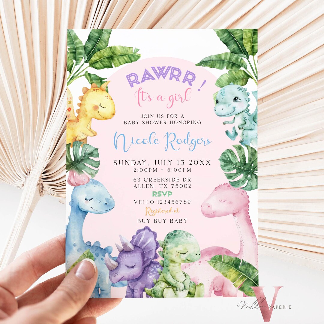 Editable Gender & Color Dinosaurs Baby Shower Party Invitation | Modern ...