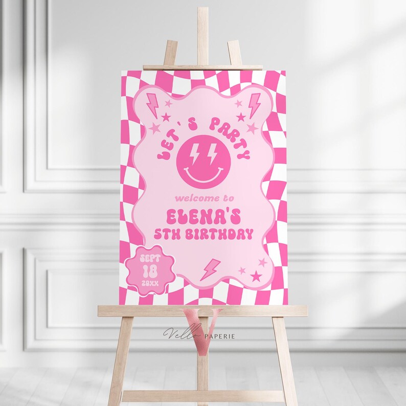 Pink Smile Face Groovy Birthday Welcome Sign | Editable Retro Happy ...
