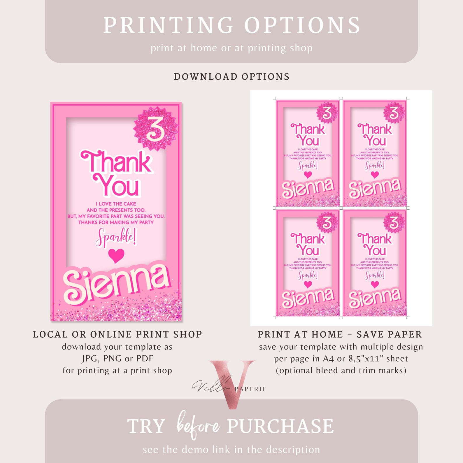 Sparkle Fashion Pink Doll Birthday Thankyou Card Editable Pink Doll Box ...
