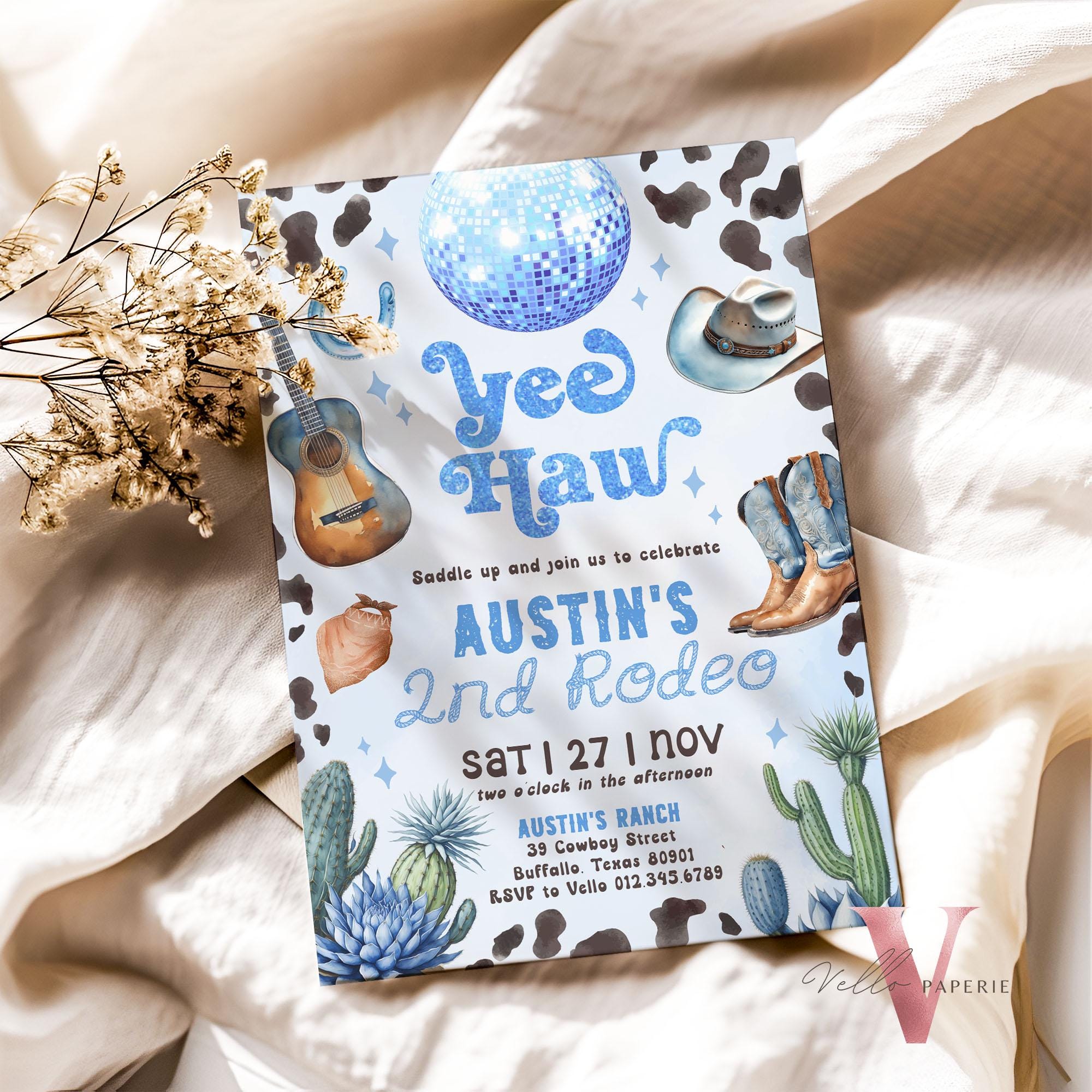 Editable Any AGE Space Cowboy Birthday Invitation | Blue Disco Cowboy ...