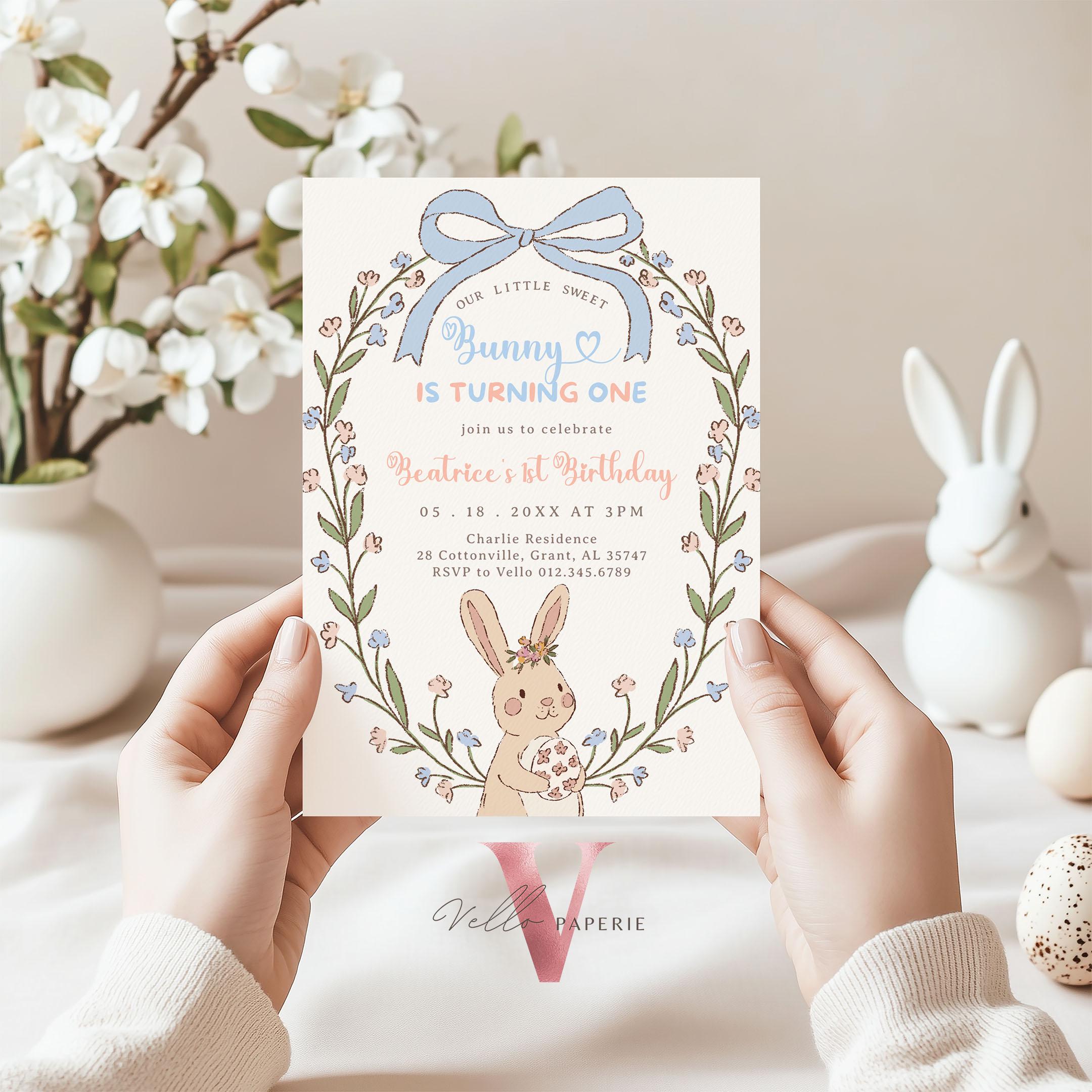 Floral Bunny Birthday Invitation | Handdrawn Rabbit Birthday Party ...
