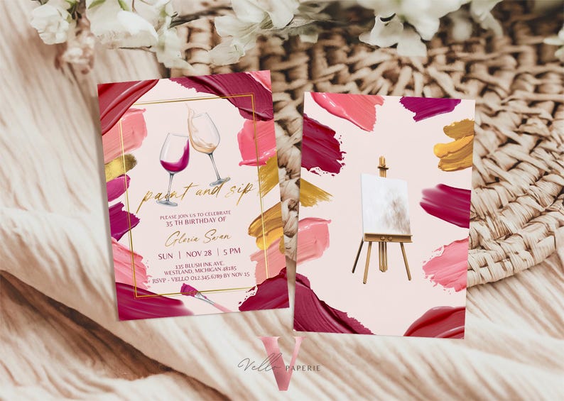 Burgundy Gold Paint and Sip Birthday Invitation | Editable Any Age 30th ...