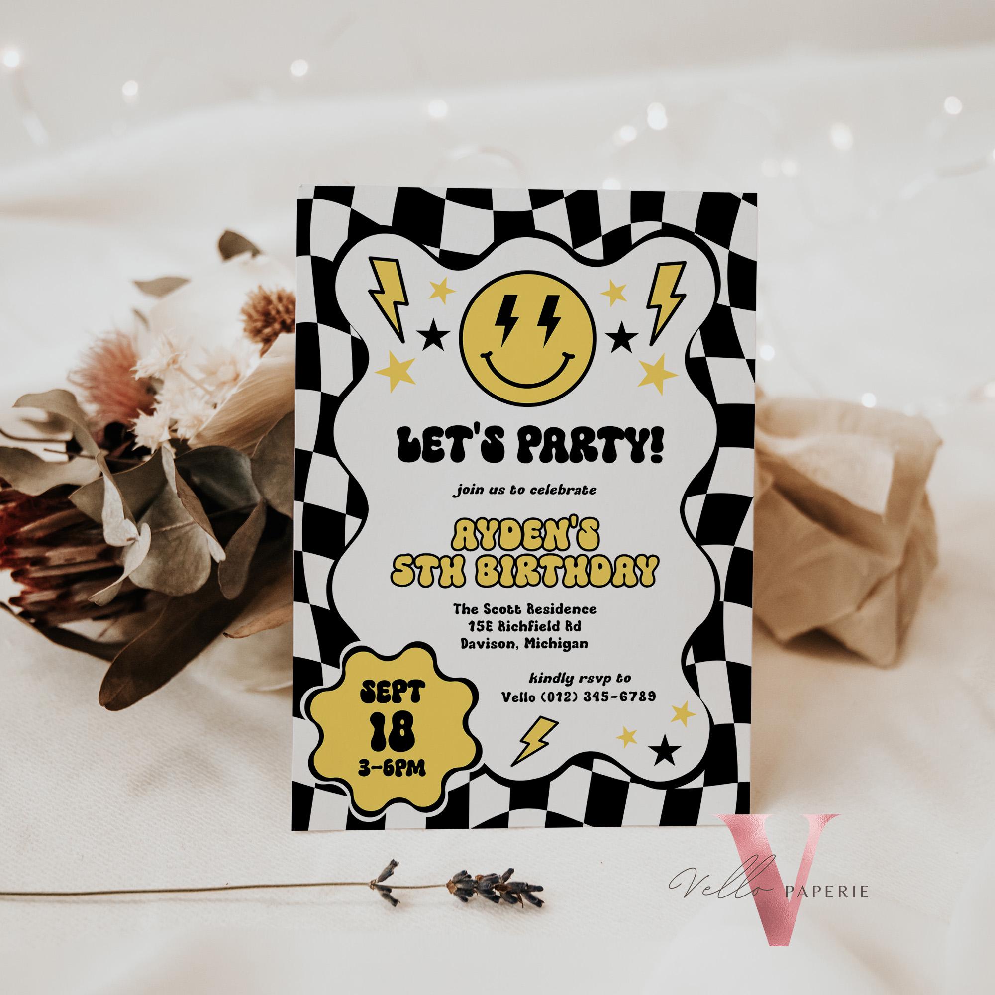 Smile Face Groovy Birthday Invitation | Editable Retro Happy Dude Any ...