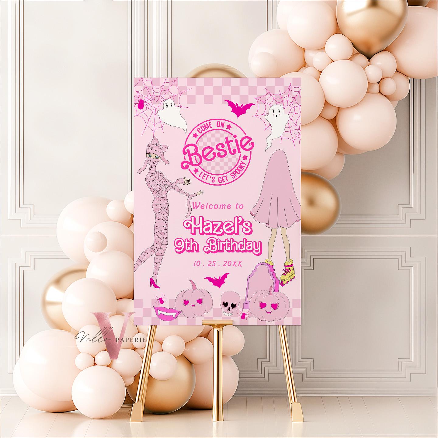 Editable bestie Spooky Pink Doll Halloween Birthday Welcome Sign Cute ...