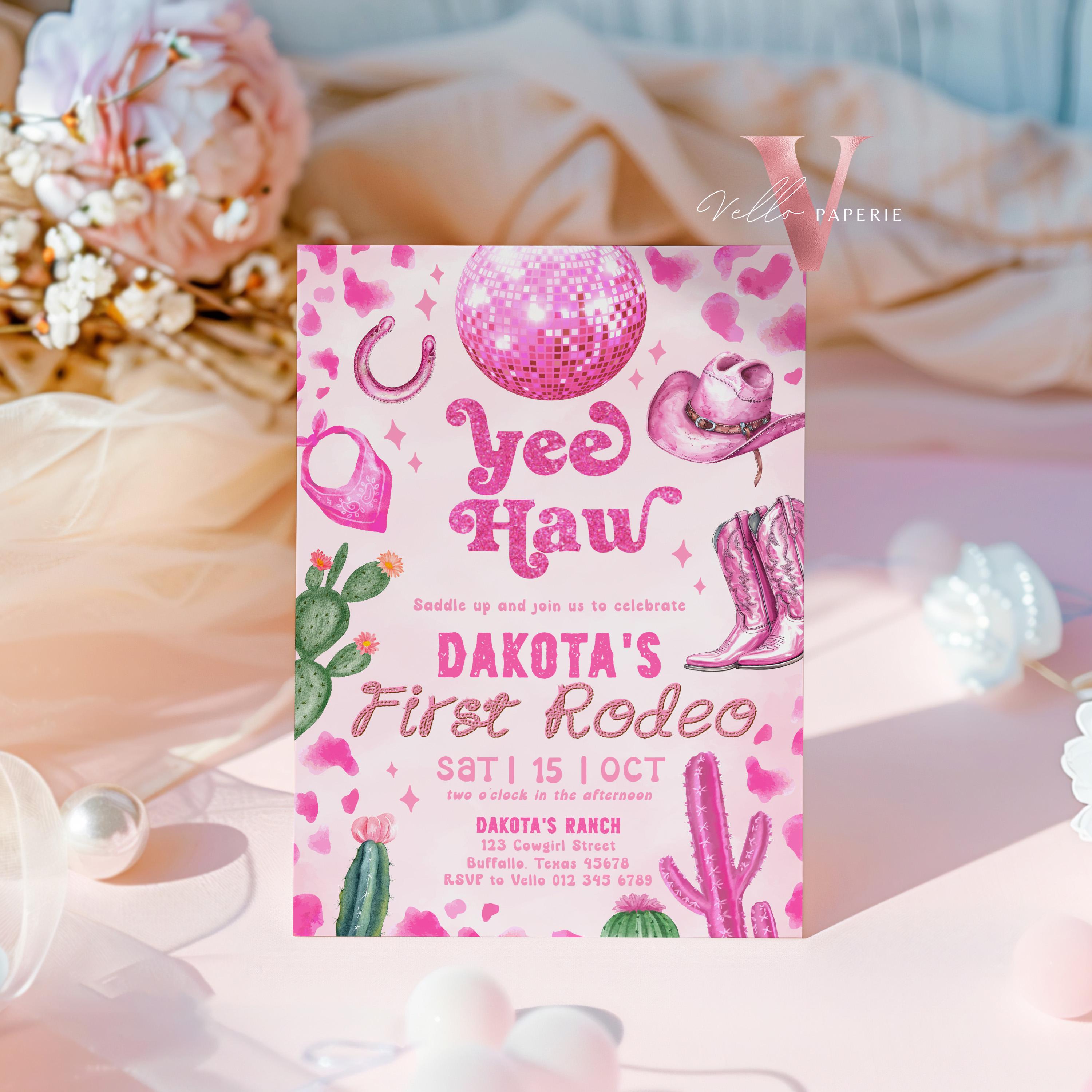 Editable Any AGE Space Cowgirl Birthday Invitation | Pink Disco Cowgirl ...