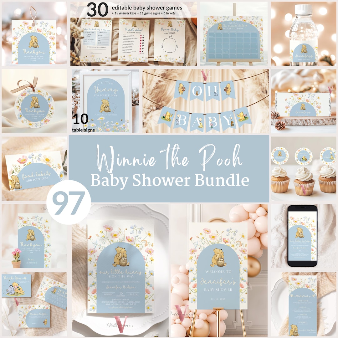 Blue Winnie the Pooh Baby Shower BUNDLE | Full Editable Beige Blue ...