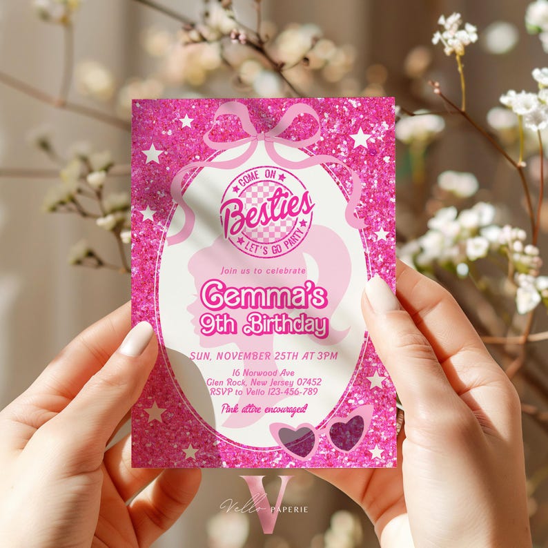 Editable Fashion Pink Doll Sparkle Birthday Invitation Pink Doll ...