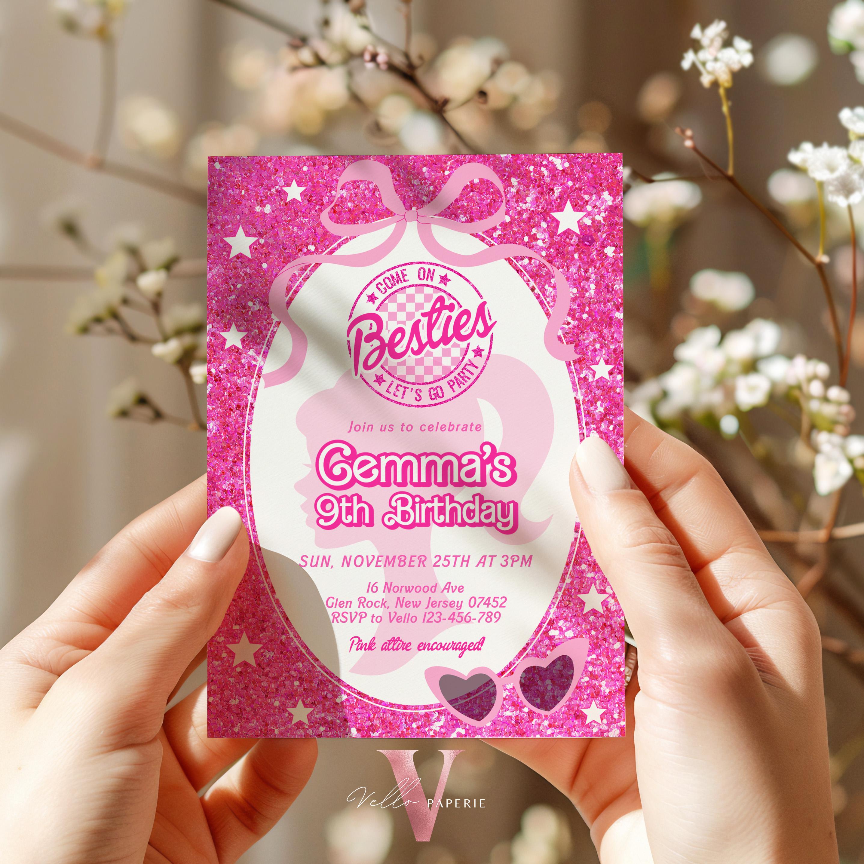 Editable Fashion Pink Doll Sparkle Birthday Invitation Pink Doll ...