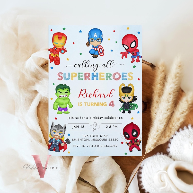 Calling All Superhero Birthday Invitation | Watercolor Avengers Kids ...