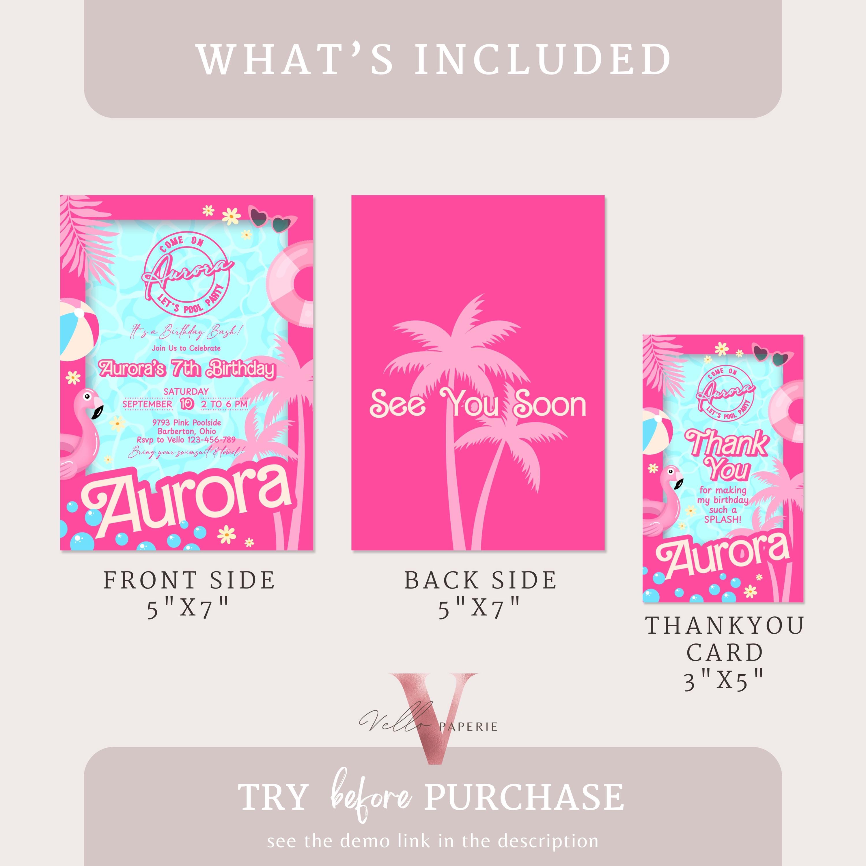 Self Editable Pink Doll Pool Birthday Invitation Summer Pink Blue Pool ...