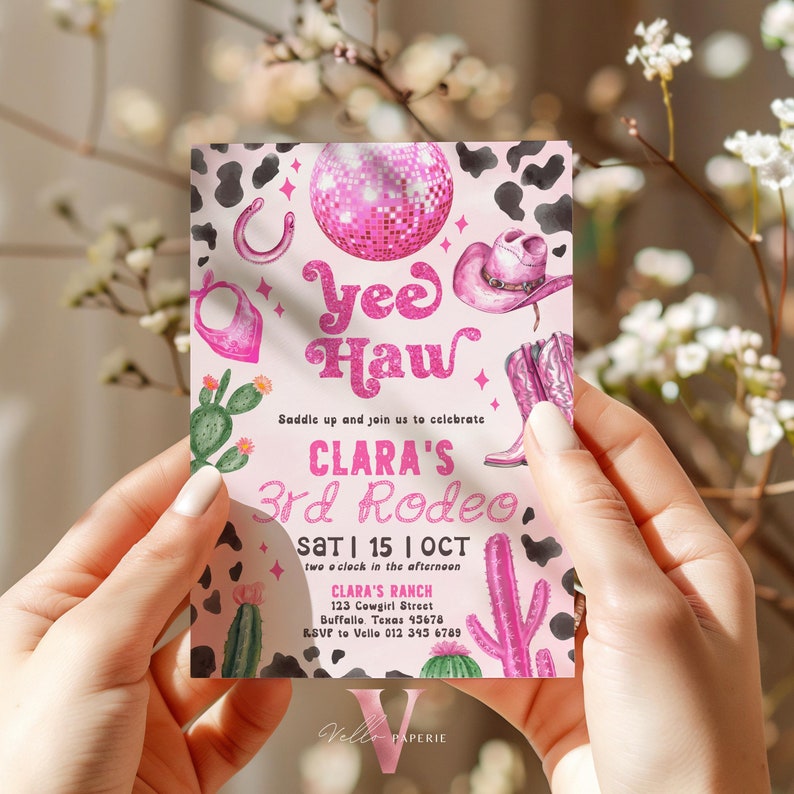 Editable Any AGE Space Cowgirl Birthday Invitation Pink Disco Cowgirl ...