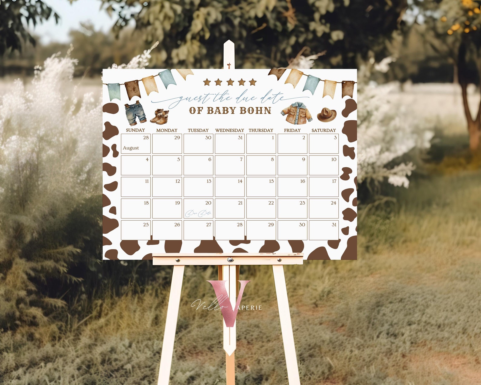Editable Cowboy Baby Shower Due Date Calendar | Wild West Baby Guess ...
