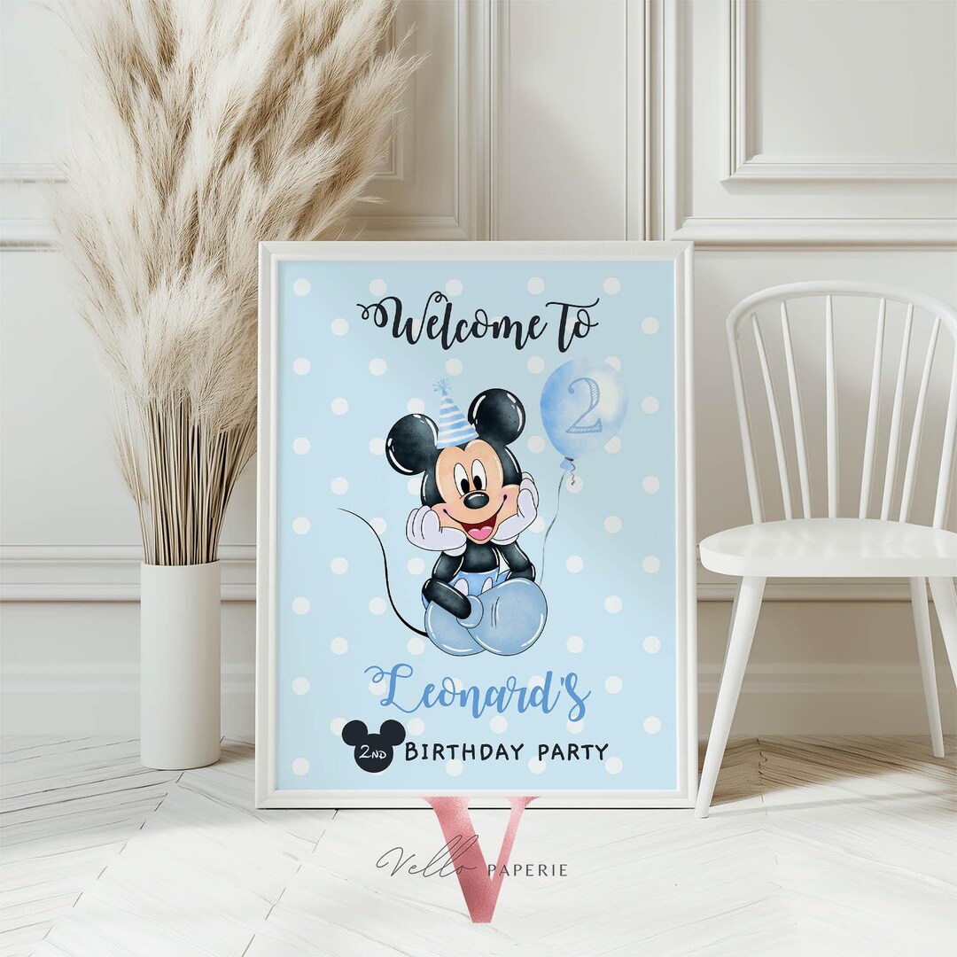 Editable ANY AGE Mickey Mouse Birthday Welcome Sign | Watercolor Blue ...