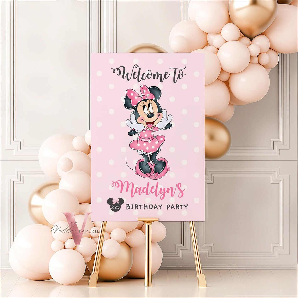 Editable Any Age Minnie Mouse Birthday Welcome Sign Light Pink Polkadot ...