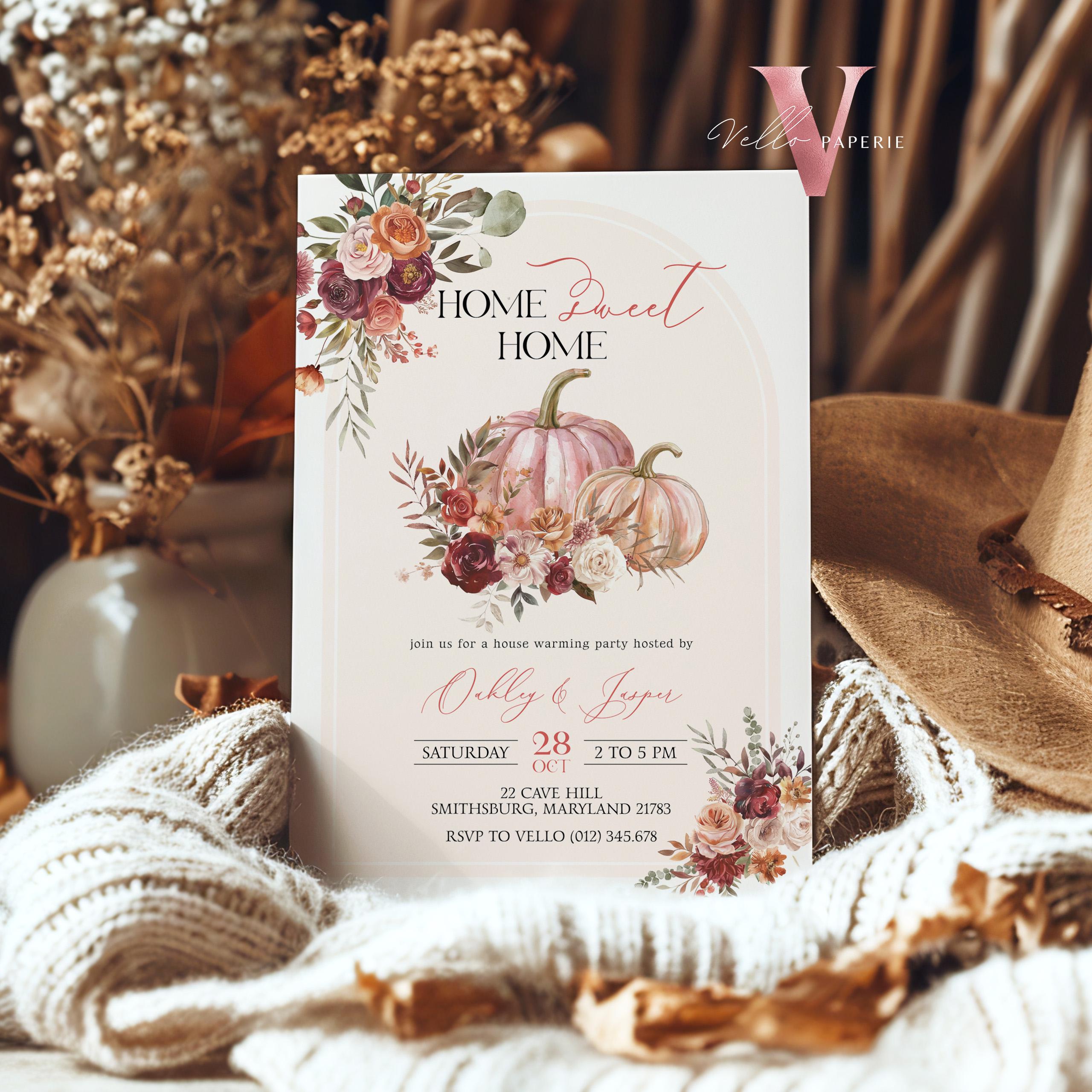 Autumn Floral House Warming Invitation | FALL Boho Pumpkin Home Sweet ...