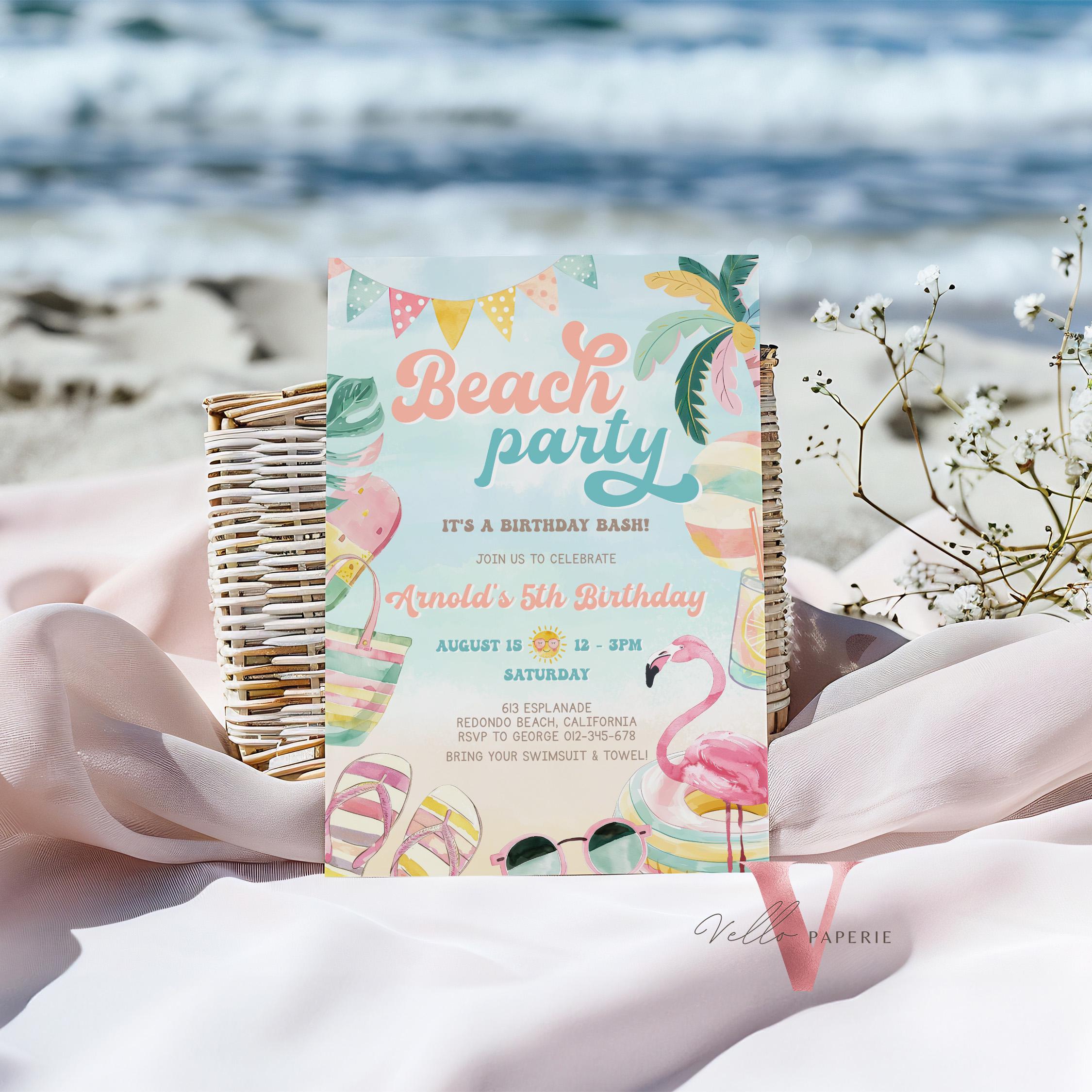 Editable Beach Birthday Party Invitation Watercolor Summer Party Invite ...