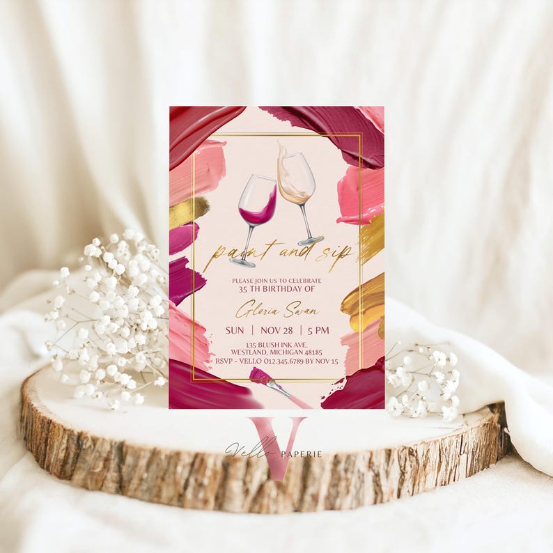 Burgundy Gold Paint and Sip Birthday Invitation | Editable Any Age 30th ...