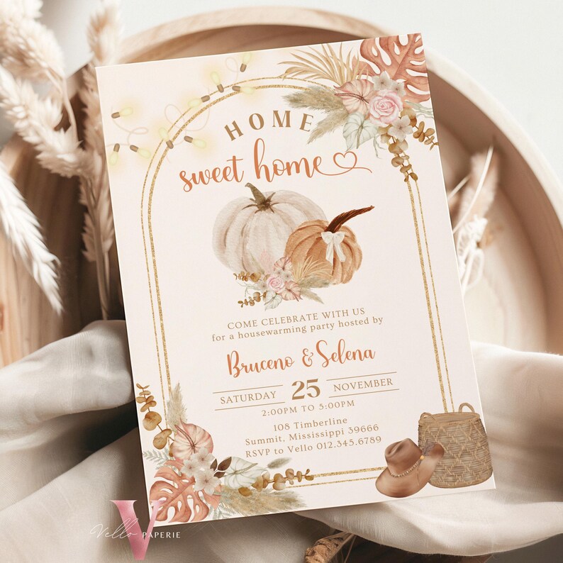 Boho Floral House Warming Invitation | FALL Beige Pumpkin Home Sweet ...