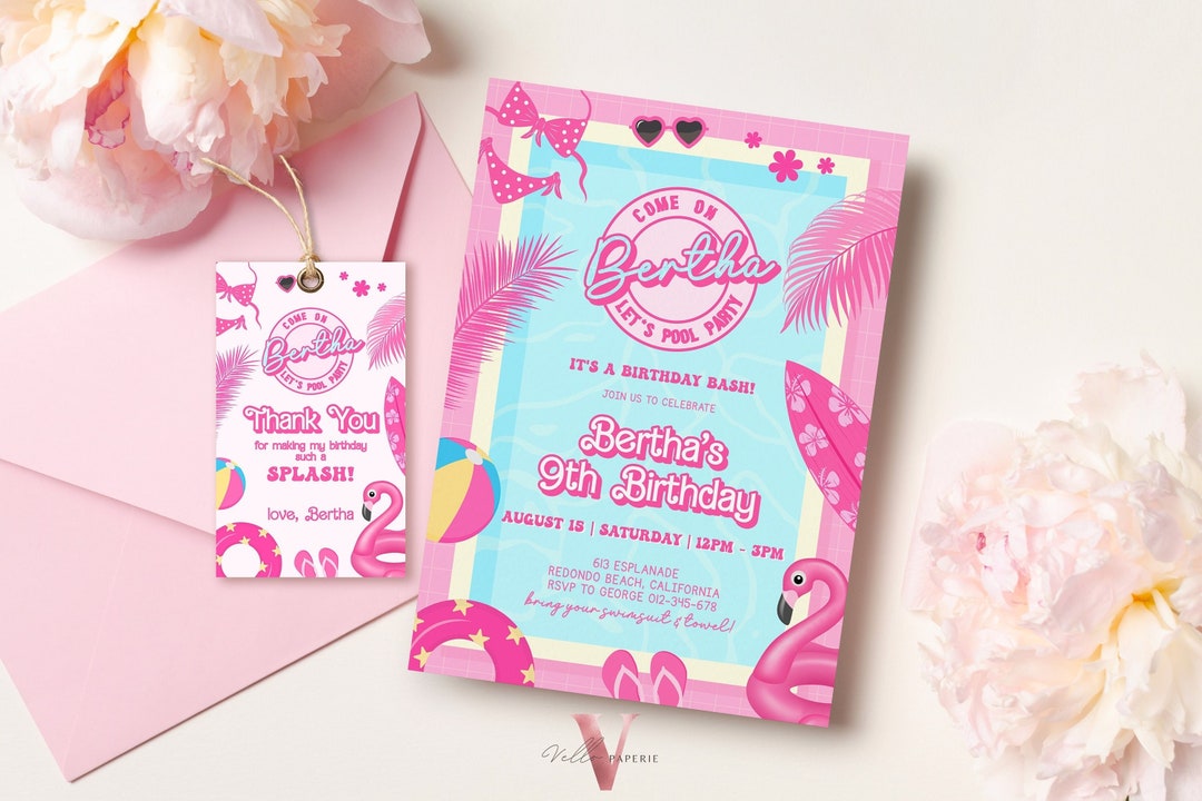 Pink Doll Pool Birthday Invitation Editable Printable Malibu Pool Party ...