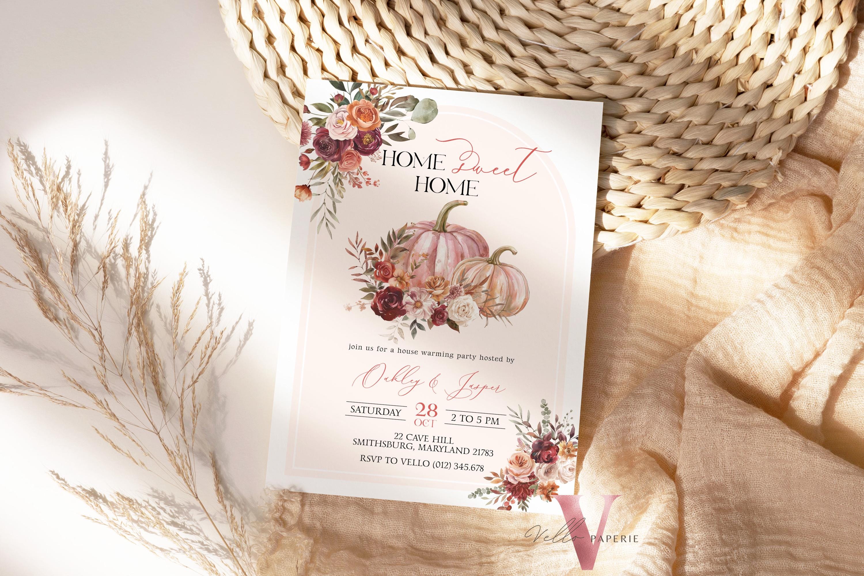 Autumn Floral House Warming Invitation | FALL Boho Pumpkin Home Sweet ...