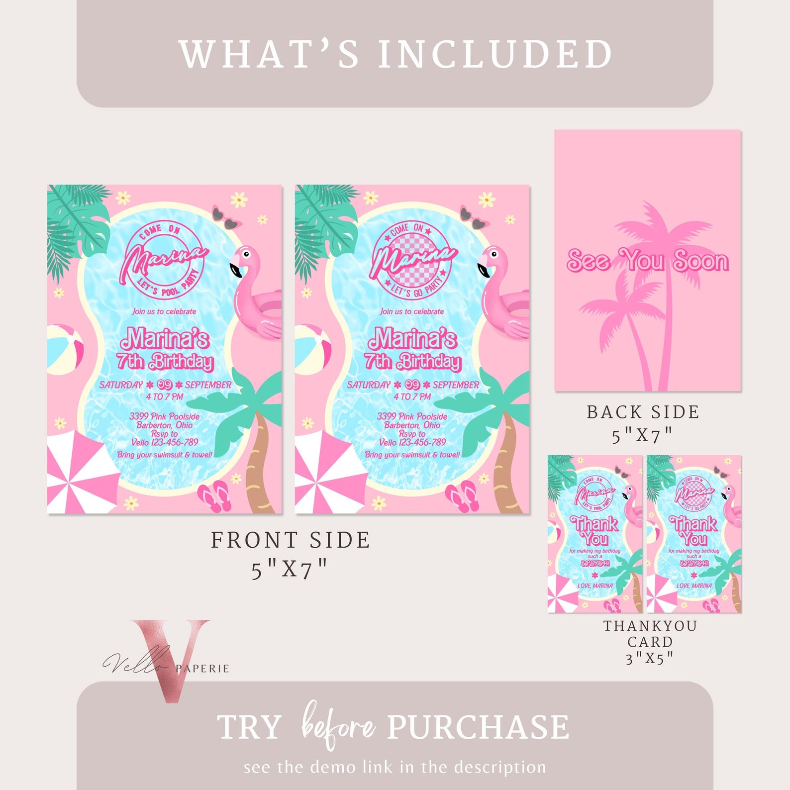 Pink Doll Pool Birthday Invitation Editable Yourseld Malibu Pool Party ...