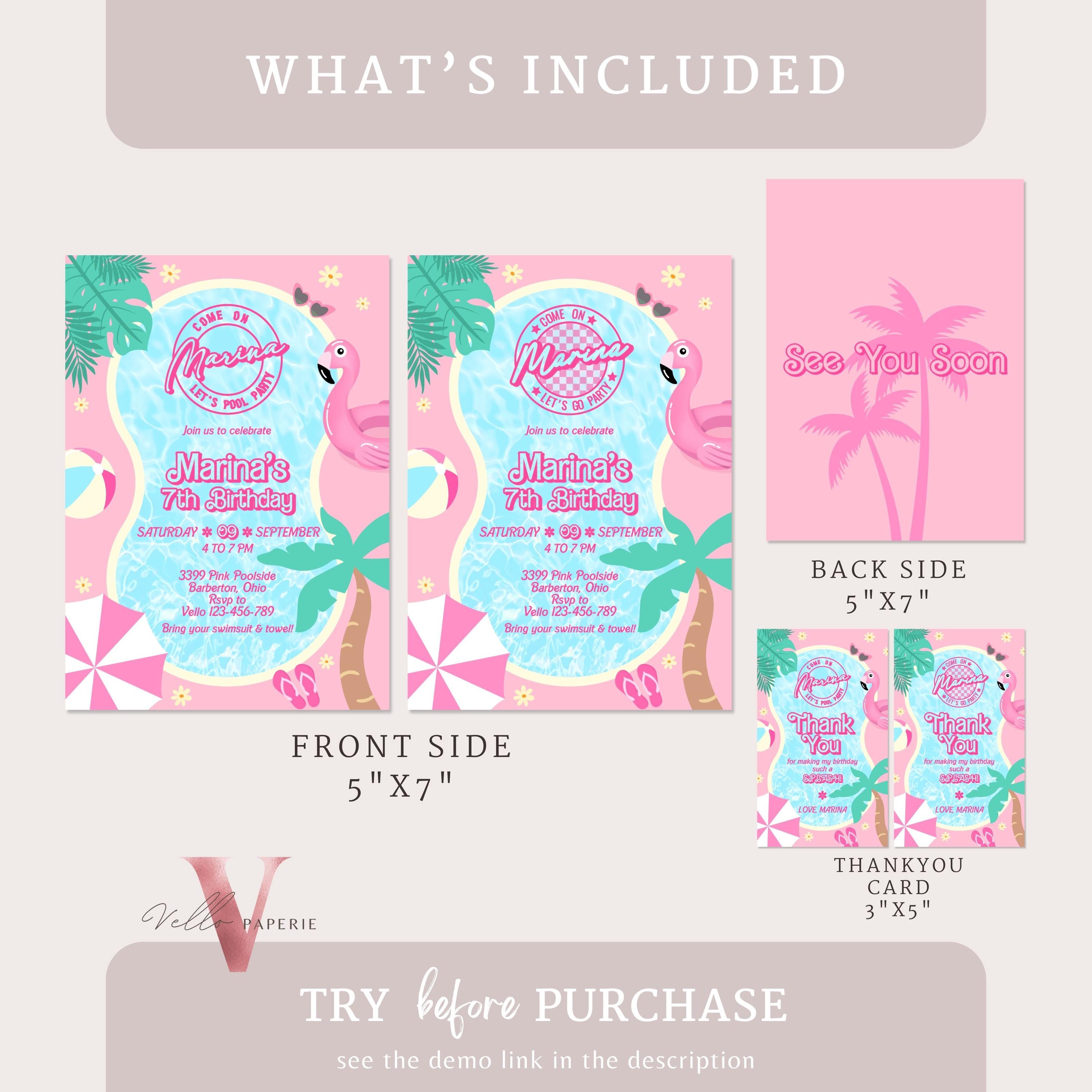 Pink Doll Pool Birthday Invitation Editable Yourseld Malibu Pool Party ...