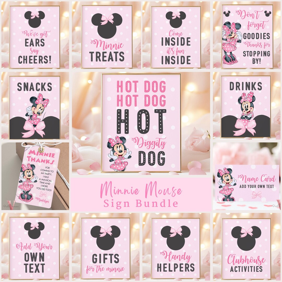 Editable Any Age Minnie Mouse Birthday Table Sign SET | Light Pink ...