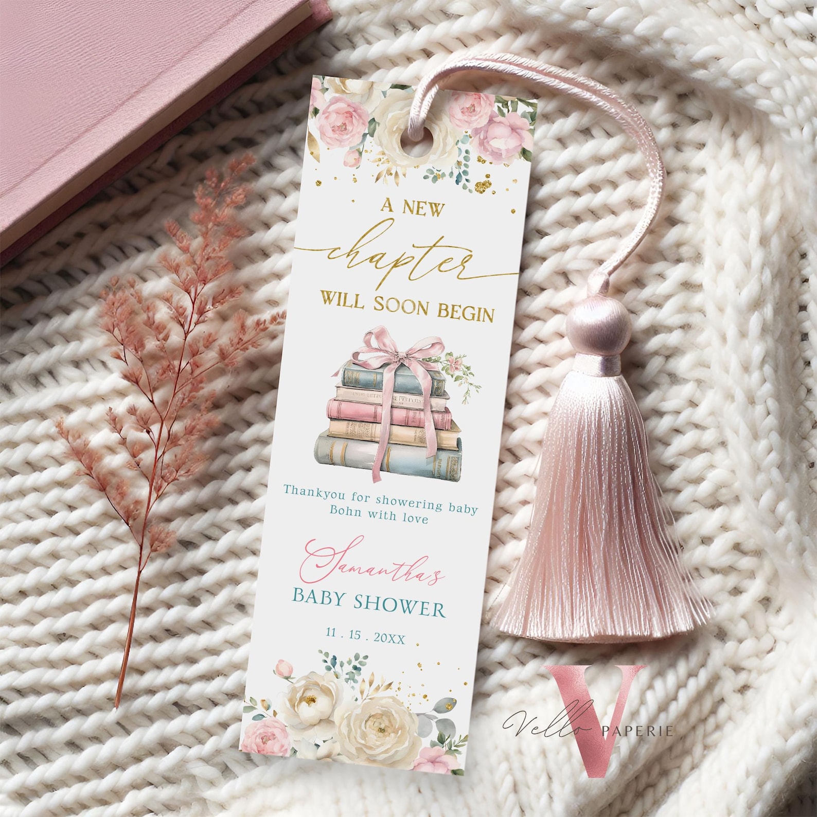 Pink Gold Storybook Baby Shower Bookmark | New Chapter is About to ...
