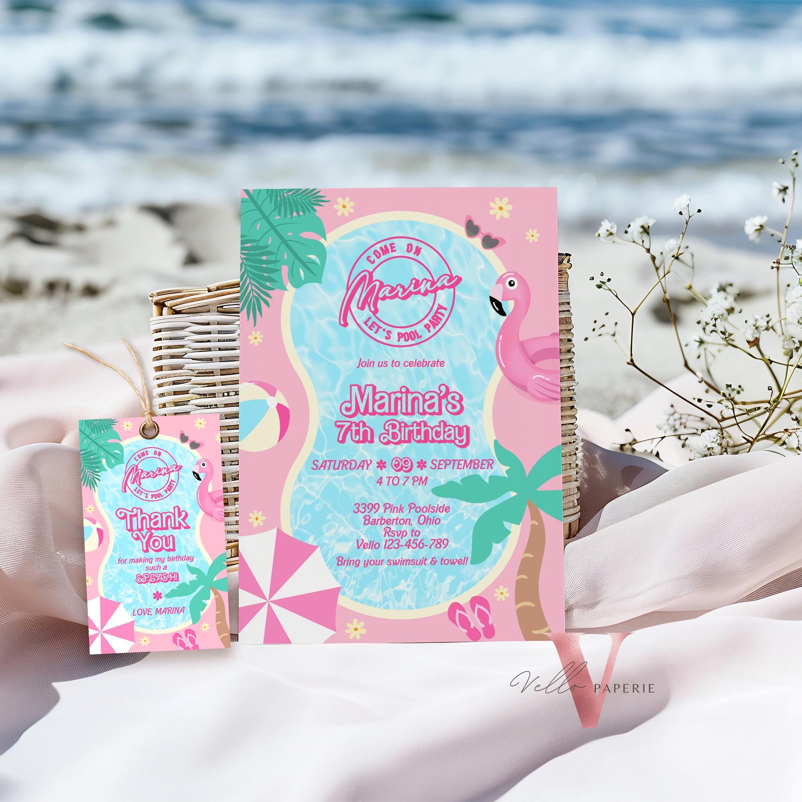 Pink Doll Pool Birthday Invitation Editable Yourseld Malibu Pool Party ...