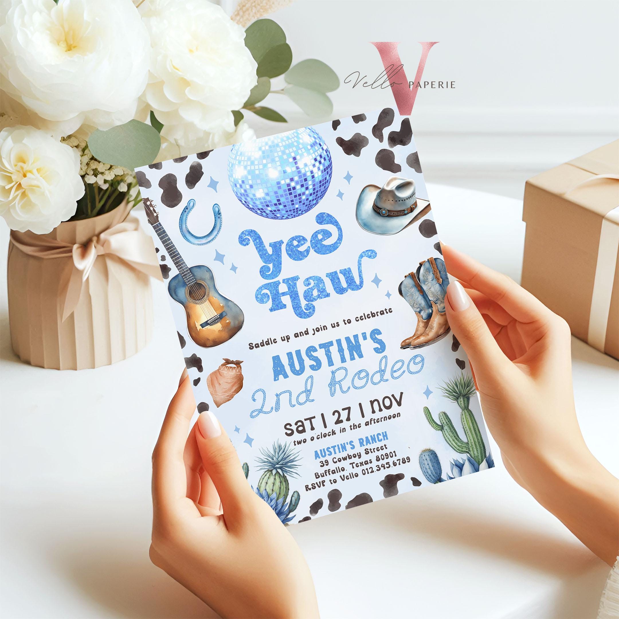 Editable Any AGE Space Cowboy Birthday Invitation | Blue Disco Cowboy ...