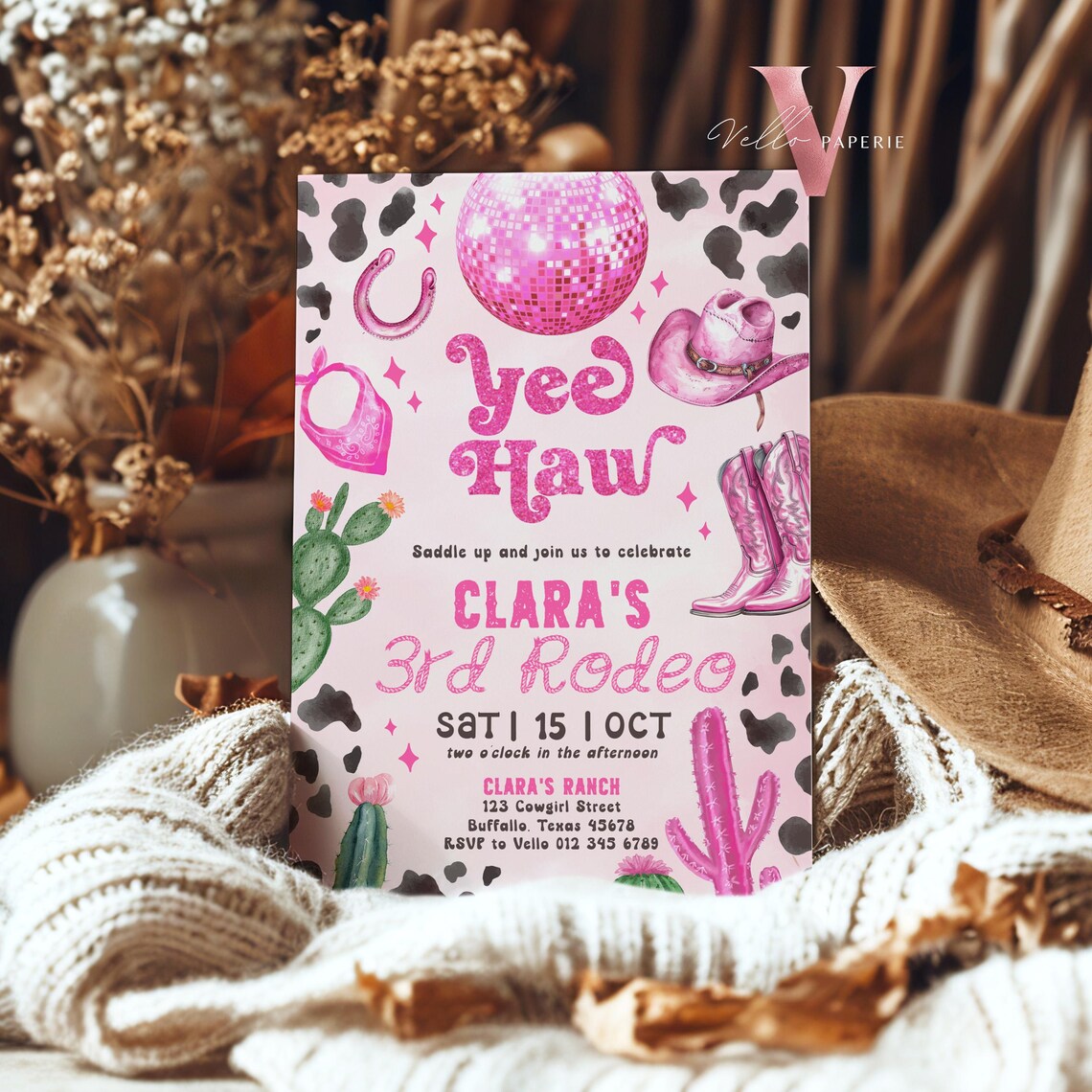 Editable Any AGE Space Cowgirl Birthday Invitation Pink Disco Cowgirl ...