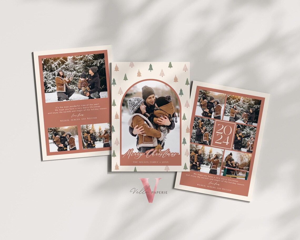 Printable Boho Photo Christmas 3 Card Template | Modern Bohemian Winter ...