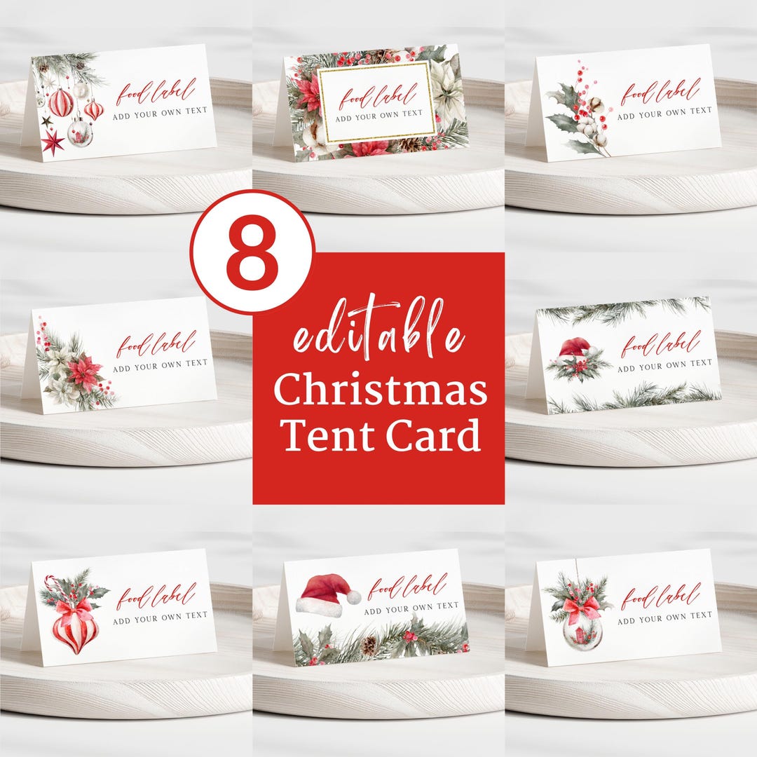 Editable 8 Designs Modern Christmas Floral Place Card, Food Label ...