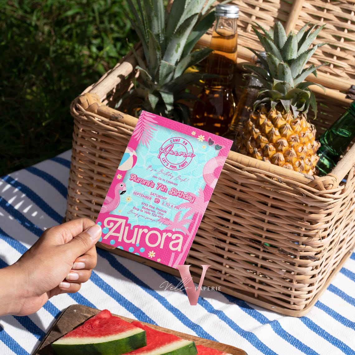 Self Editable Pink Doll Pool Birthday Invitation Summer Pink Blue Pool ...