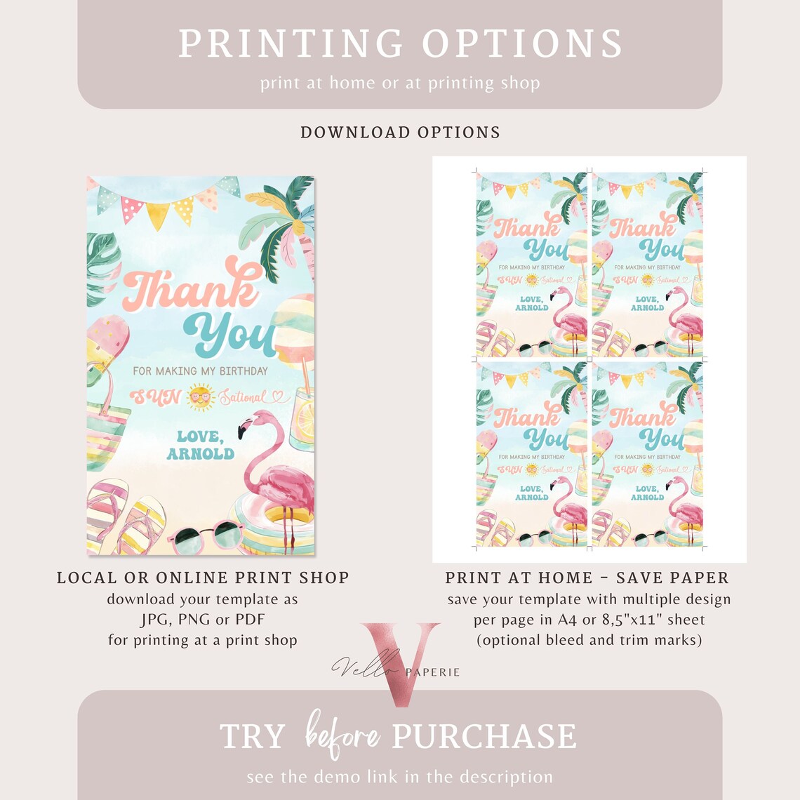 Editable Beach Birthday Party Thankyou Card | Watercolor Summer Party ...