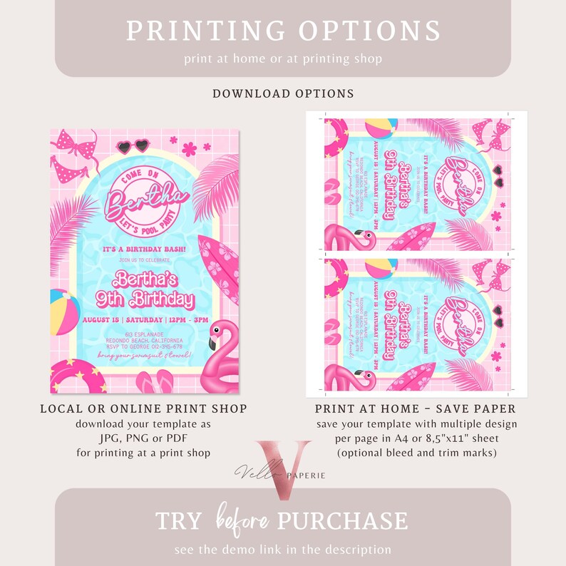 Pink Doll Pool Birthday Invitation Editable Printable Malibu Pool Party ...