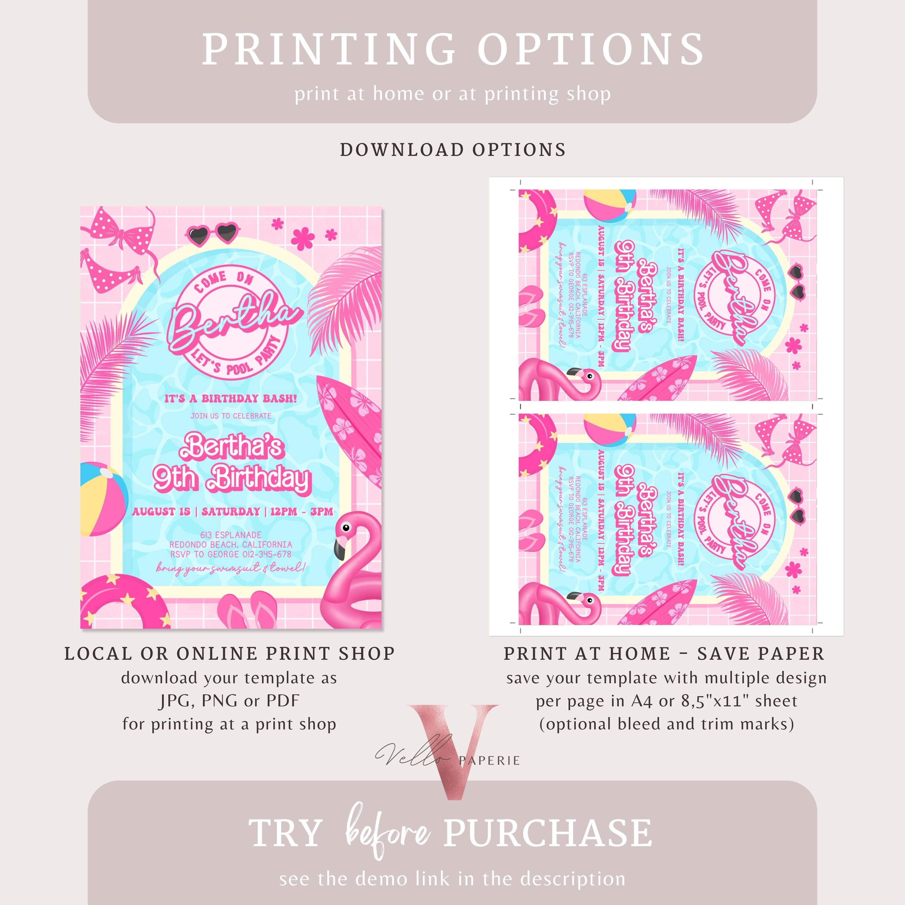 Pink Doll Pool Birthday Invitation Editable Printable Malibu Pool Party ...