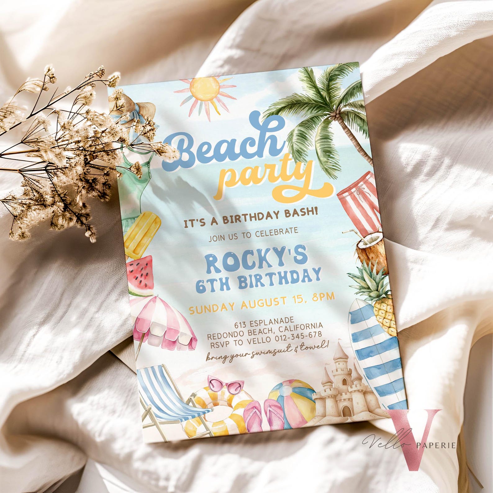 Colorful Beach Party Invitation | Watercolor Summer Birthday Party ...