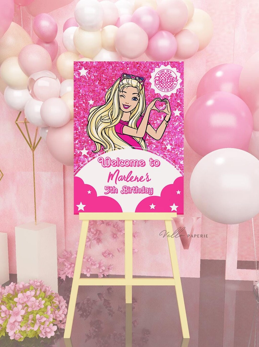 Cartoon Hot Pink Doll Birthday Welcome Sign Self Editable Sparkle ...