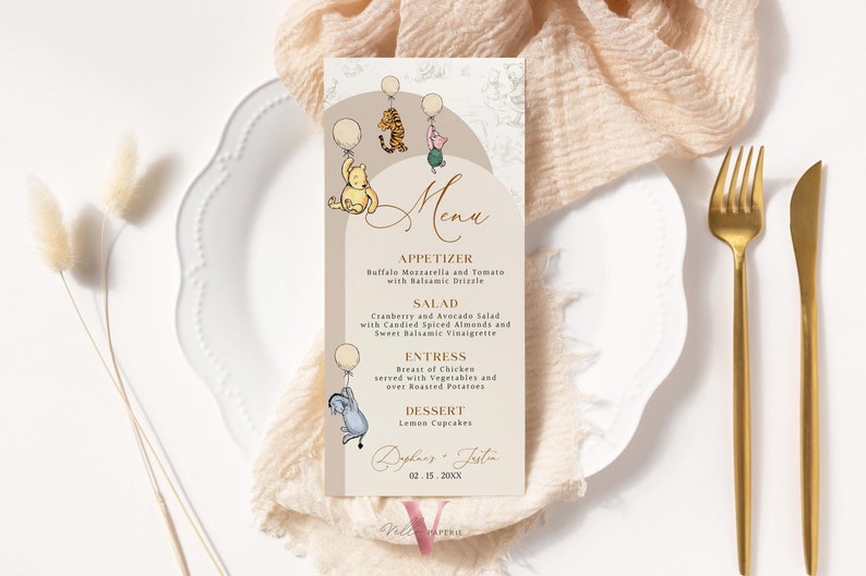 Winnie the Pooh Balloons Baby Shower or Birthday Menu Design | Editable ...