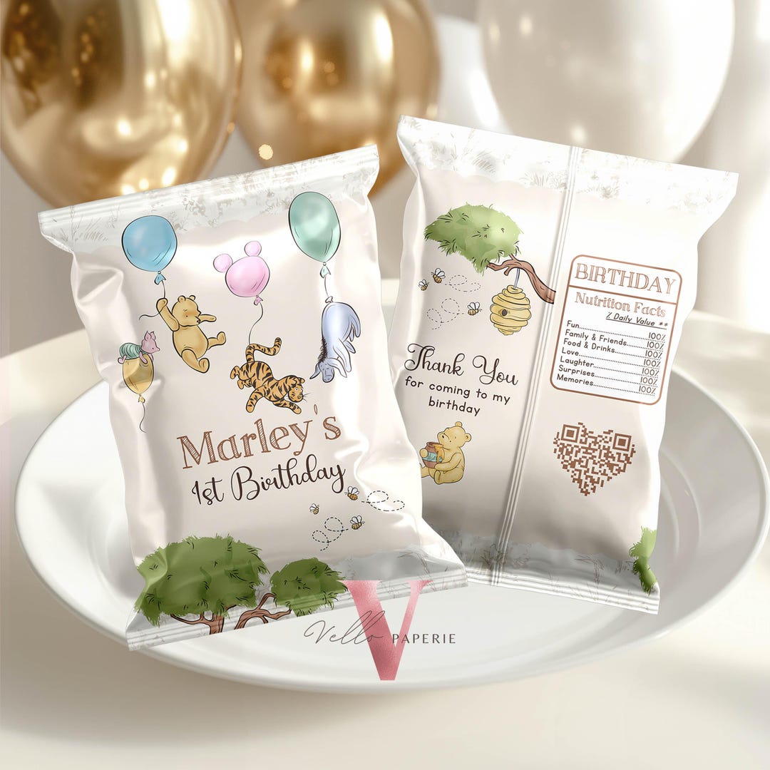 Winnie the Pooh Birthday Chip Bag Template: Editable Party Favor ...