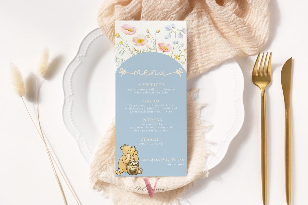 Blue Winnie the Pooh Baby Shower or Birthday Menu Design | Editable ...