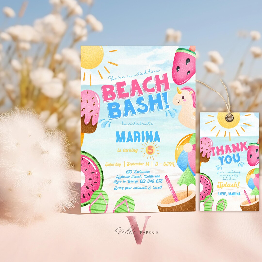 Fresh Beach Bash Birthday Party Invitation | Watercolor Summer Beach ...