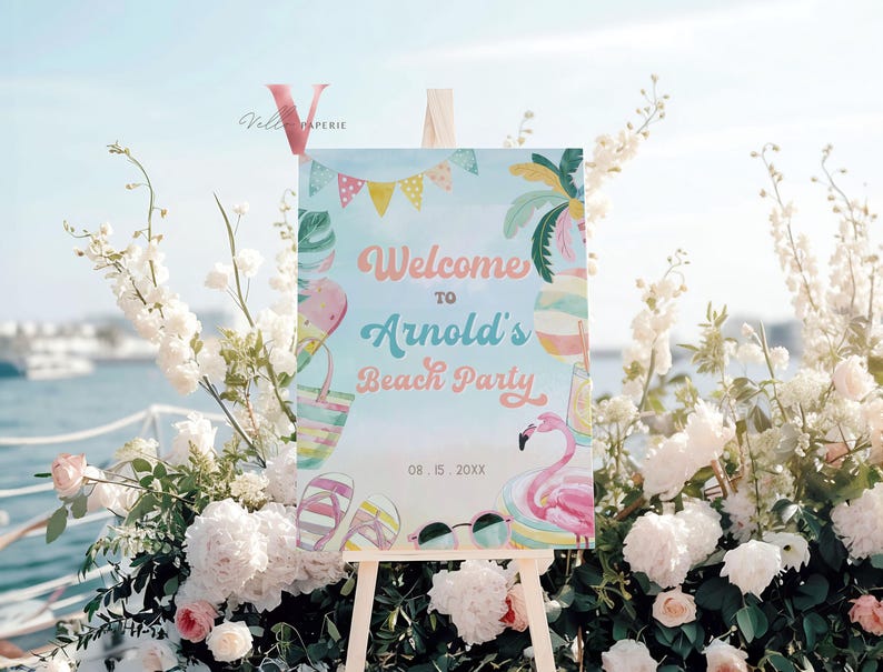 Editable Beach Birthday Party Welcome Sign | Watercolor Summer Party ...