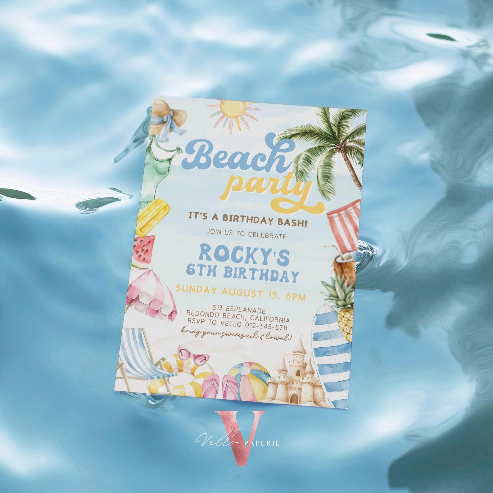 Colorful Beach Party Invitation | Watercolor Summer Birthday Party ...
