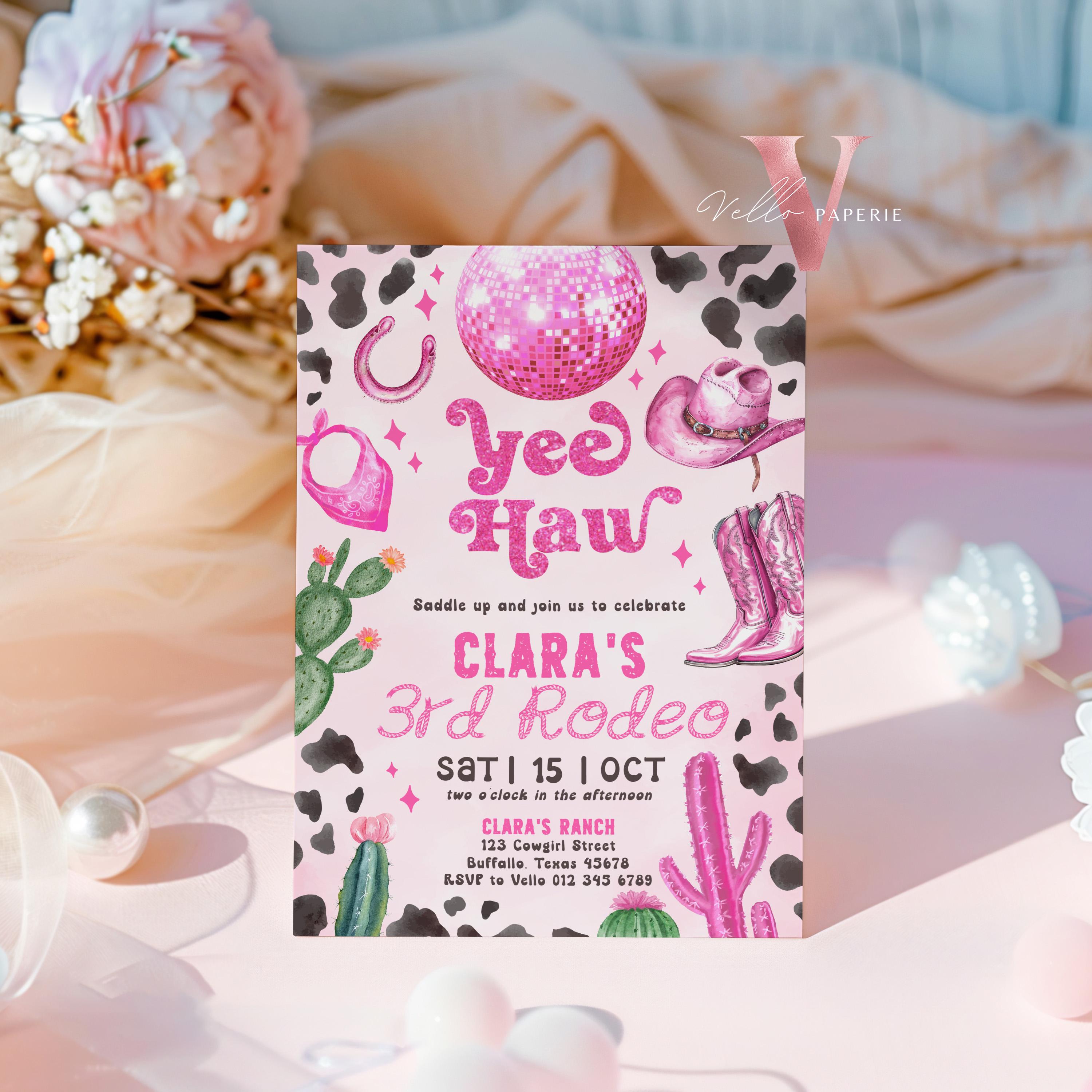 Editable Any AGE Space Cowgirl Birthday Invitation Pink Disco Cowgirl ...